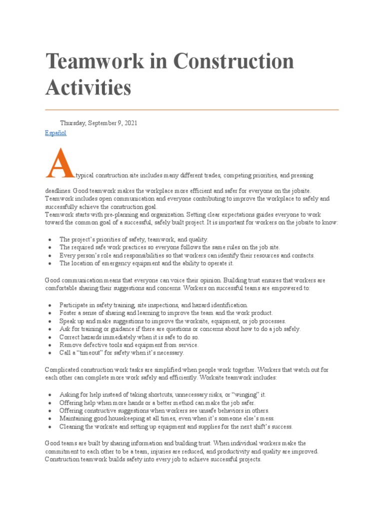 Teamwork in Construction Activities | PDF | Goal | Safety