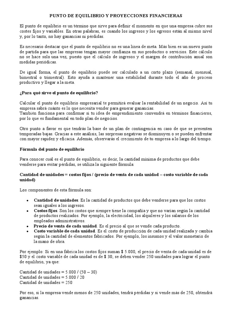 Punto de Equilibrio y Proyecciones Financieras | Descargar gratis PDF | Business | Precios