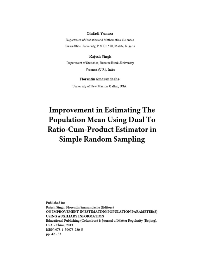 Improvement in Estimating The Population Mean Using Dual To Ratio-Cum ... Improvement in Estimating The Population Mean Using Dual To Ratio-Cum ...