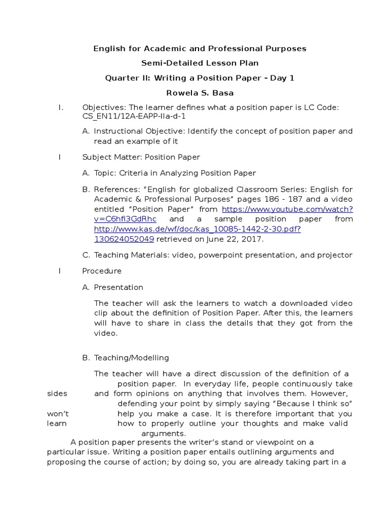 Week 11 14 Writing Position Papers | PDF | Teaching Method | Lesson Plan