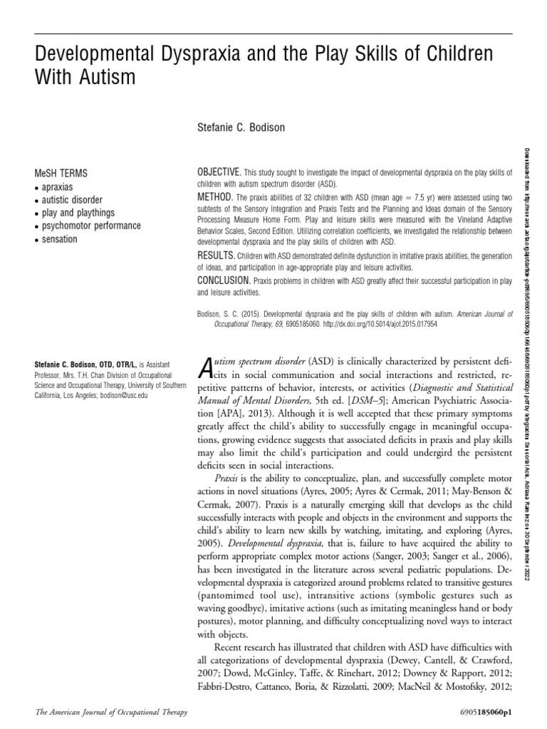 Dyspraxia's Impact on Play Skills in Autism | PDF | Autism | Autism Spectrum