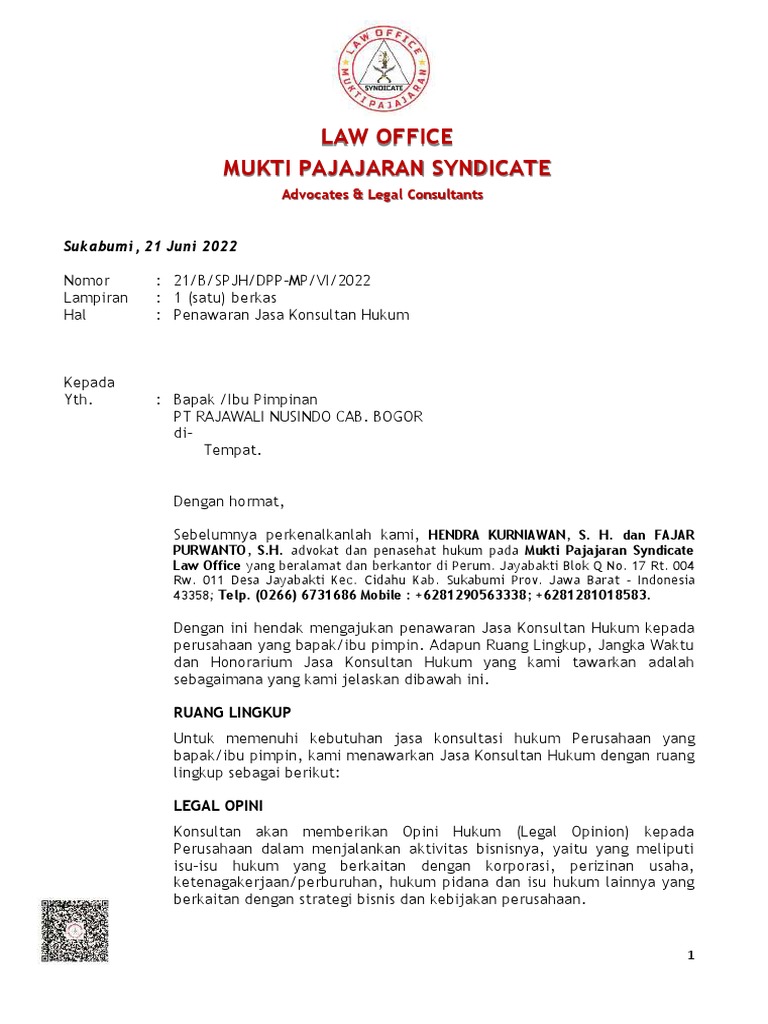 Surat Penawaran Jasa Hukum Law Office MP Syndicate | PDF
