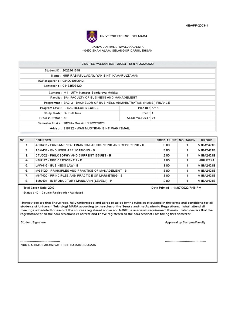 Course Validation Slip Uitm- Final | PDF