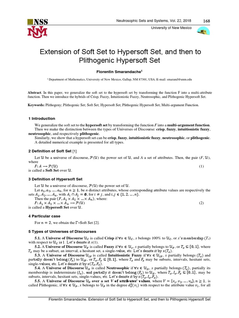 Extension of Soft Set To Hypersoft Set, and Then To Plithogenic Hypersoft Set | PDF | Science ...