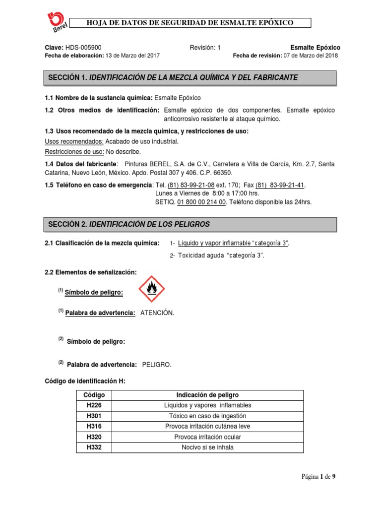 Hoja de Seguridad Esmalte Epóxico Berel | PDF | Agua | Administración ...