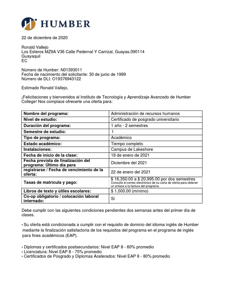 Carta Admision Humber | PDF