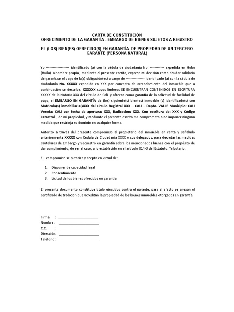 Carta Ofrecimiento Garantía Real Codeudor - Persona Natural - V1 | PDF