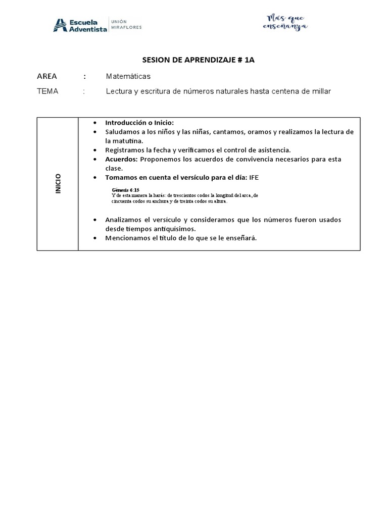 1 Ses Mat Lectura y Escritura Numeros Centena de Millar | PDF | Cognición | Ciencia cognitiva