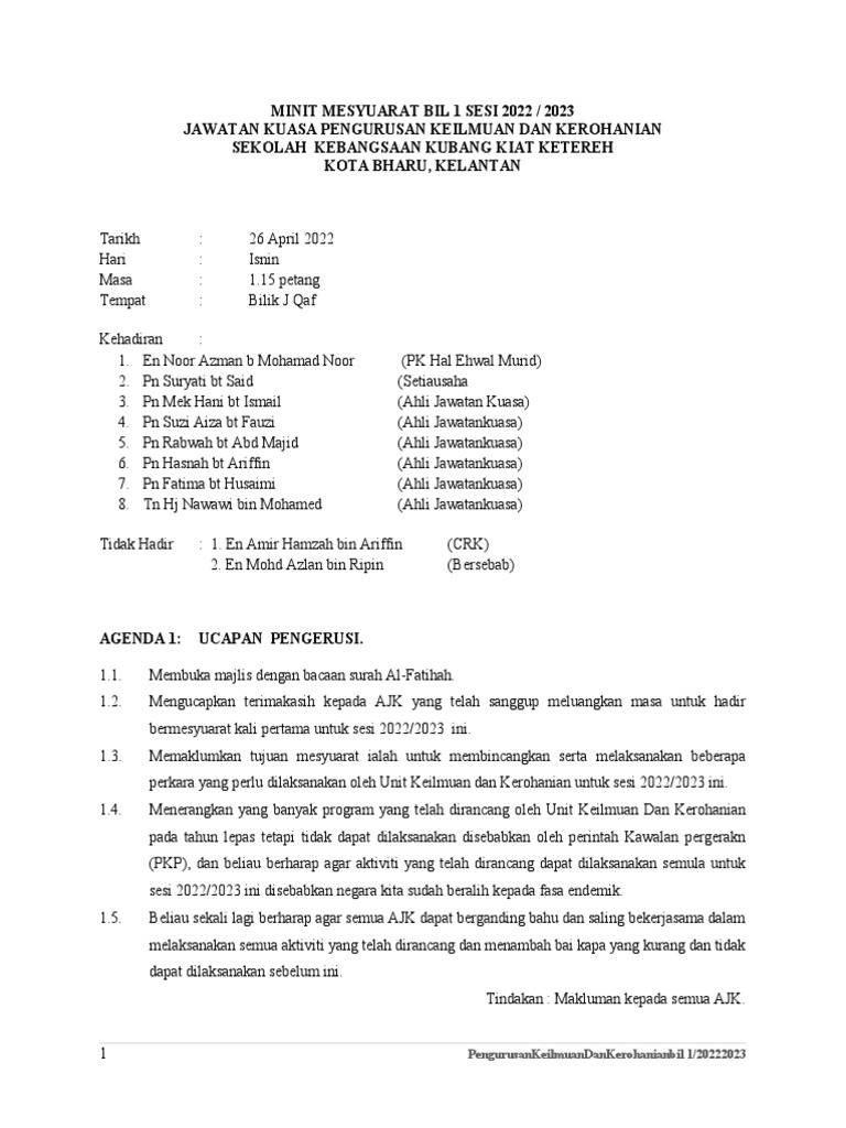 Minit Mesyuarat Keilmuan Dan Kerohanian Bil 1 2022 2023 | PDF