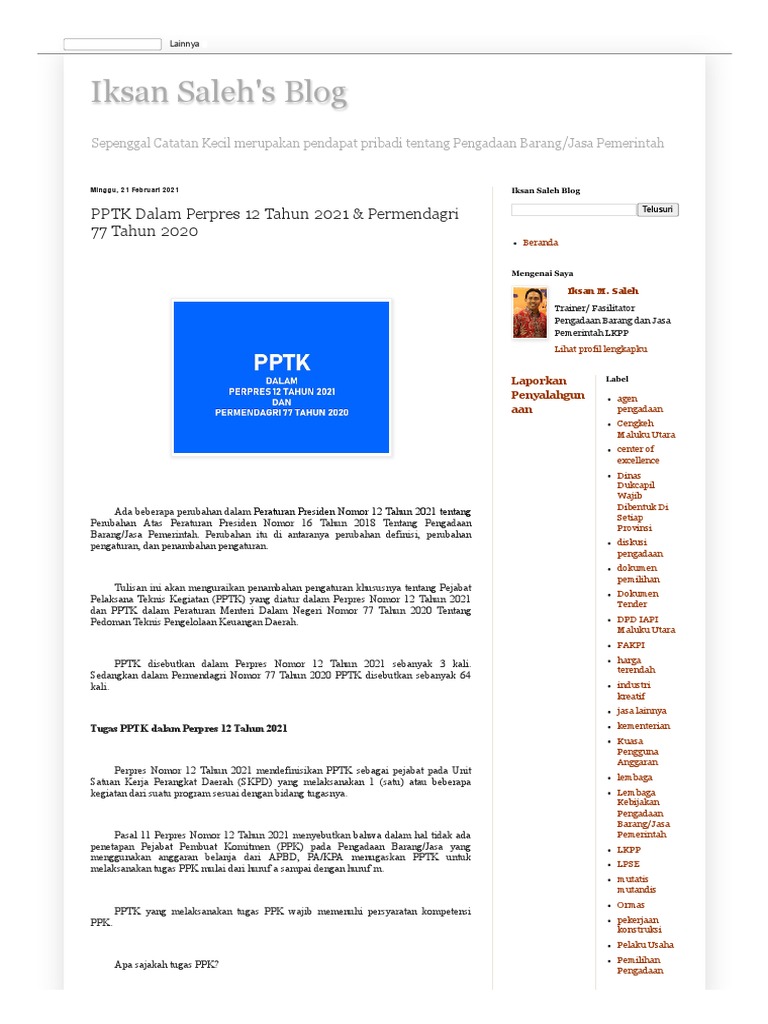 PPTK Dalam Perpres 12 Tahun 2021 & Permendagri 77 Tahun 2020 | PDF