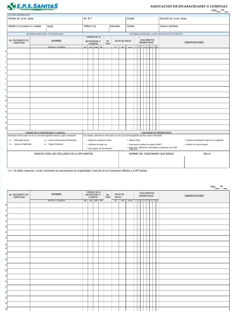 PDF Planilla de Radicacion de Incapacidades Sanitas Compress | PDF