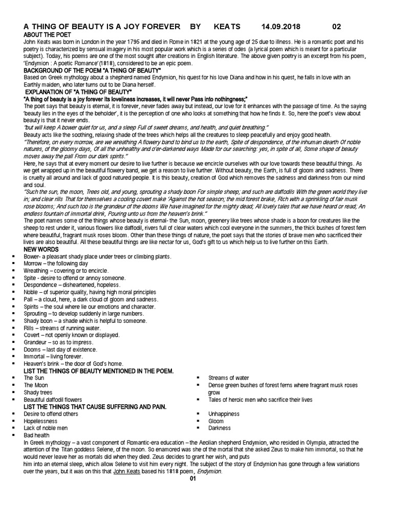 A Thing of Beauty Is A Joy Forever | PDF | John Keats | Poetry