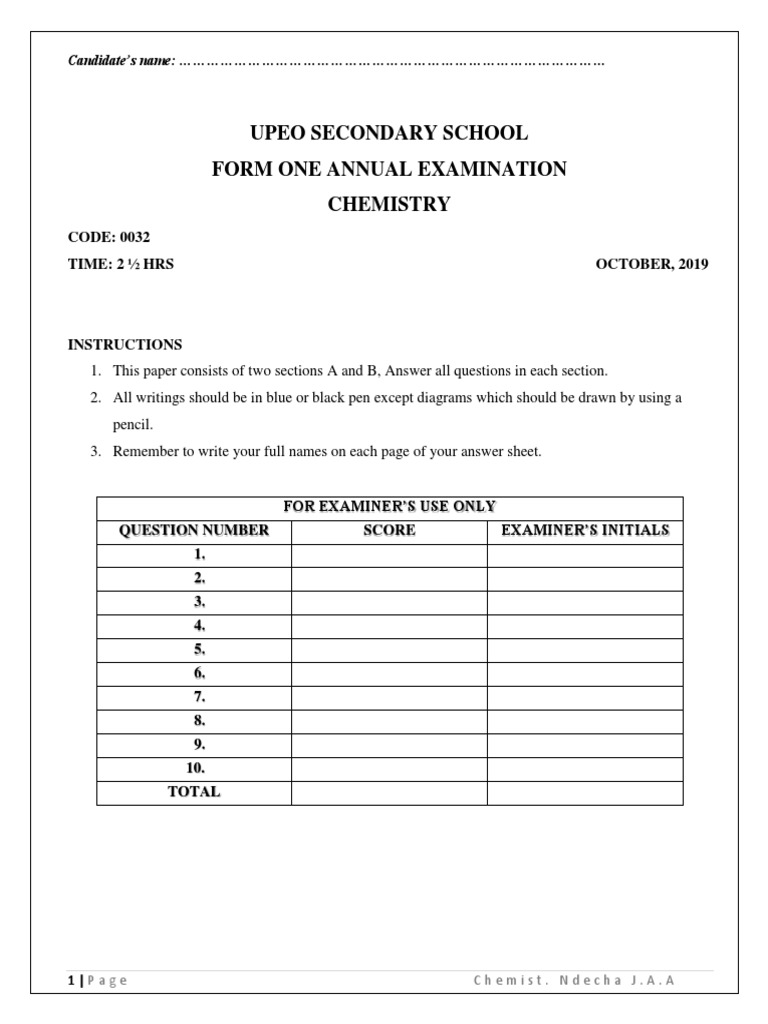 F1 Annual Examination (Chem) - 2 | PDF | Liquids | Gases