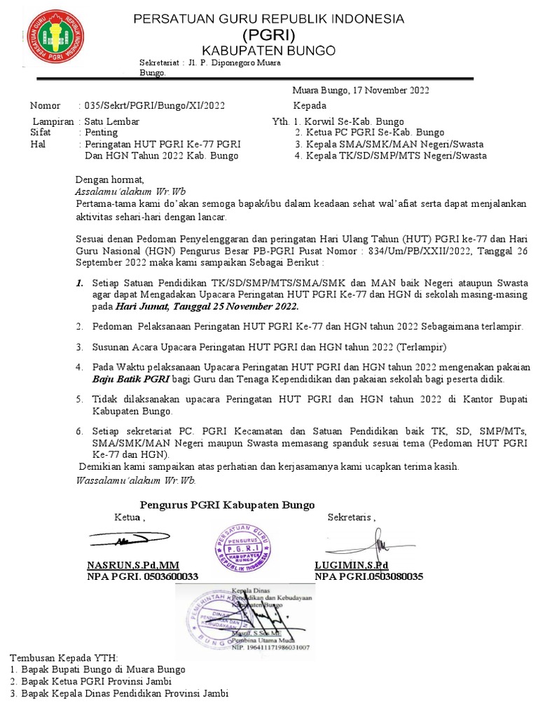 Surat Edaran Hut Pgri Ke-77 Dan HGN Tahun 2022 | PDF