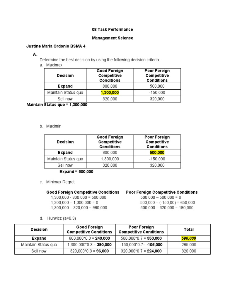 Ordonio - 08 Task Performance - Management Science | PDF | Mathematical ...