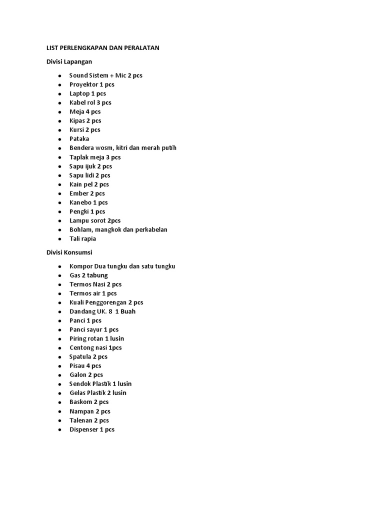 List Perlengkapan Dan Peralatan | PDF