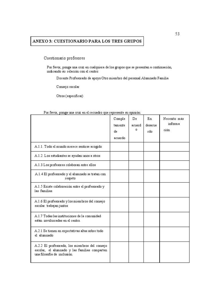 Cuestionario Para Index de Inclusion | PDF | Inclusión (Educación ...
