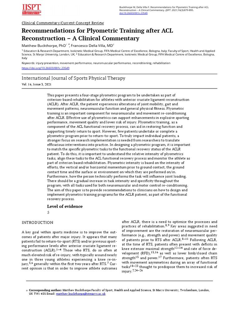 Recommendations For Plyometric Training After ACL Reconstruction - A ...