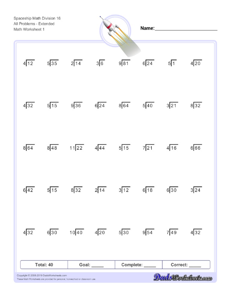 Math Worksheets - Division - Division - Spaceship Math Division 16 All ...