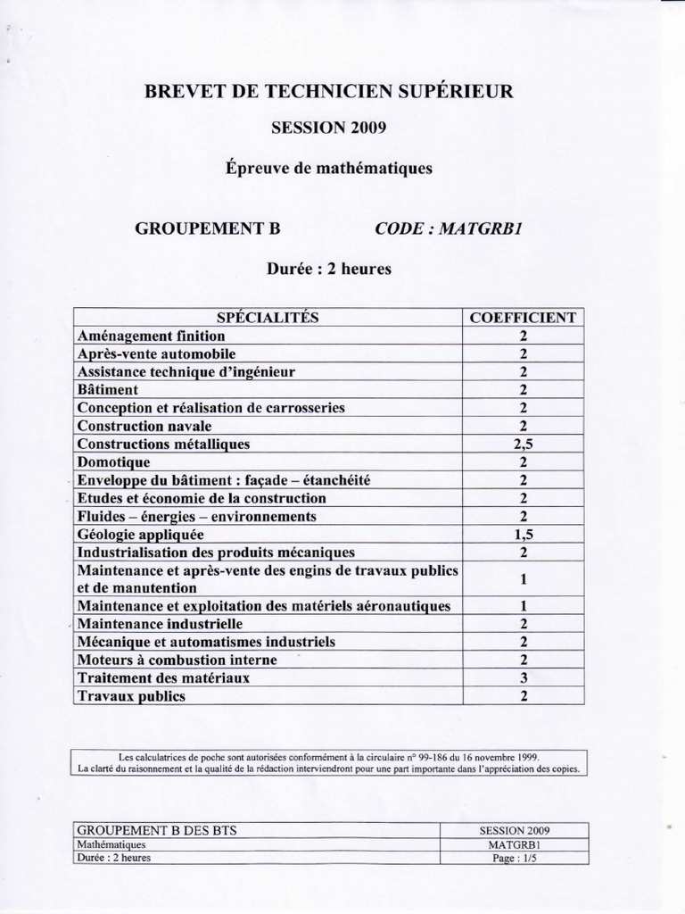Sujet Et Corrige Bts Batiment 2009 Mathematiques | PDF