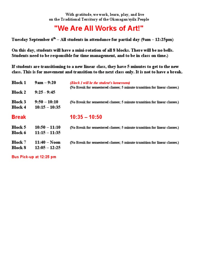 Opening Day Schedule For Students - Sept 2022 | PDF