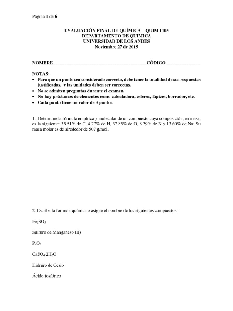 Evaluación Final de Química 201520 | PDF | Ácido | Equilibrio químico