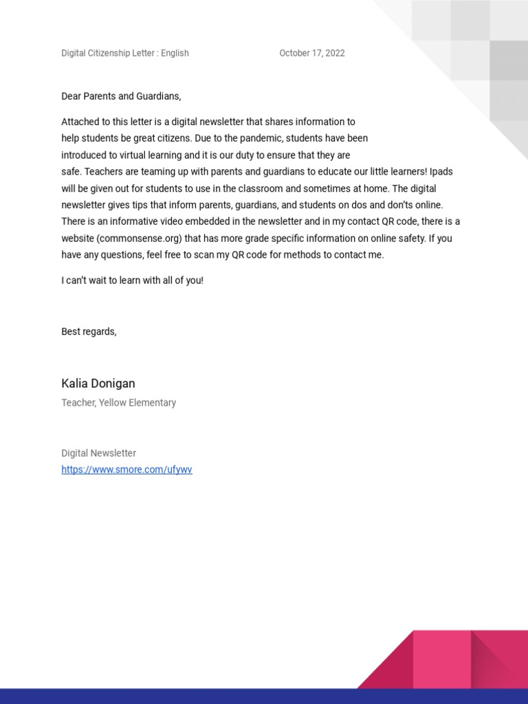 Parent Letter Digital Citizenship Link 1 | PDF