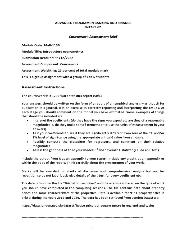 Assignment Brief Introductory Econometrics 2022 | PDF | Regression Analysis | Statistics