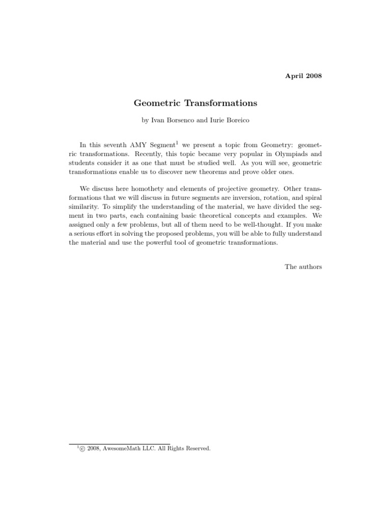 Geometric Transformations: An Introduction to Homothety and Elements of Projective Geometry ...
