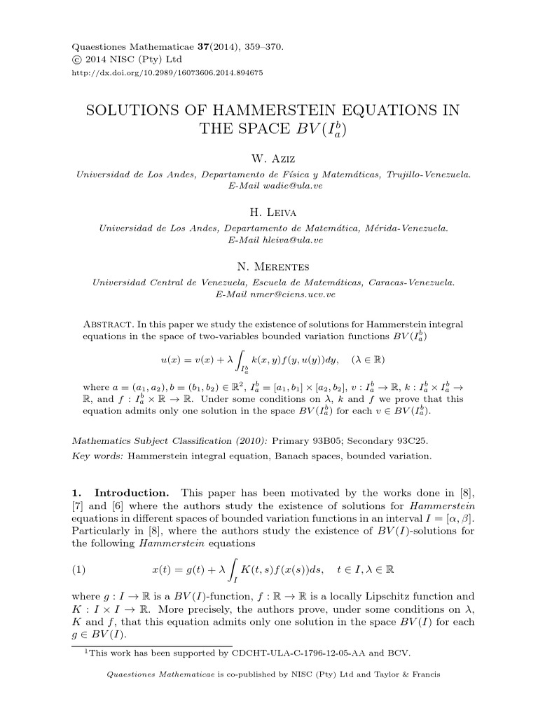 Solutions of Hammerstein Equations in The Space BV (I) | PDF | Banach Space | Norm (Mathematics)