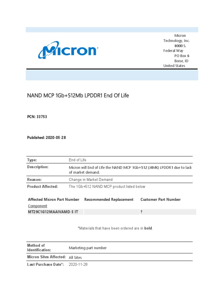 End of Life: Micron 1Gb+512Mb MCP | PDF