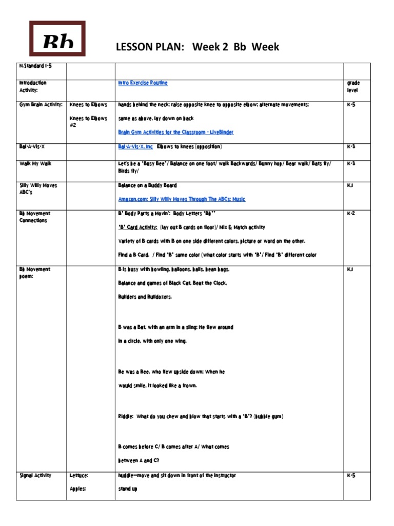Week 2 Bb Movement Lesson Plan | PDF