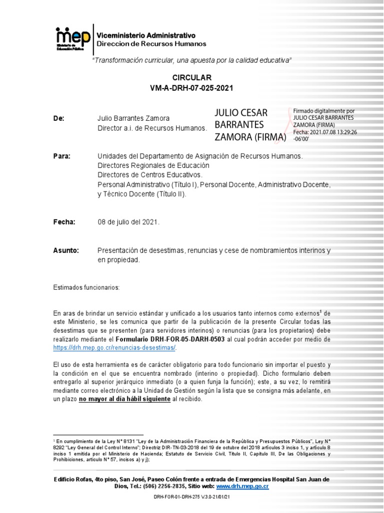 Circular 07-025-21 - Renuncias y Desestimas | Descargar gratis PDF | Gestión de recursos humanos ...