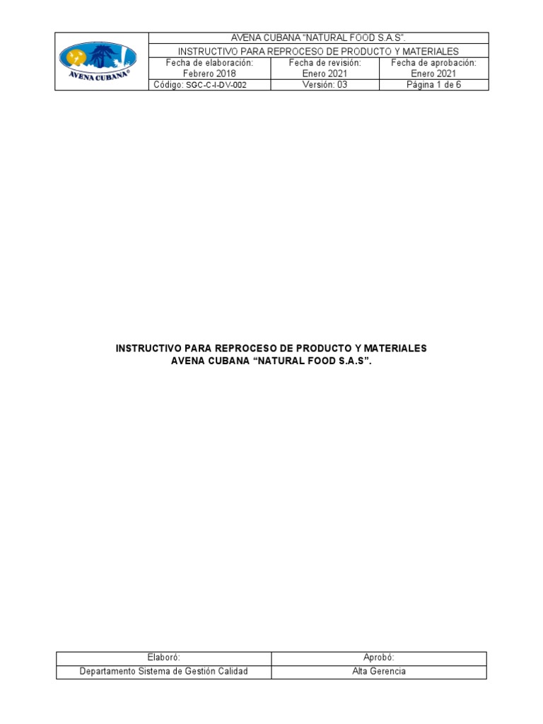 SGC-C-I-DV-002 Instructivo para Reproceso de Materiales | PDF | Alimentos