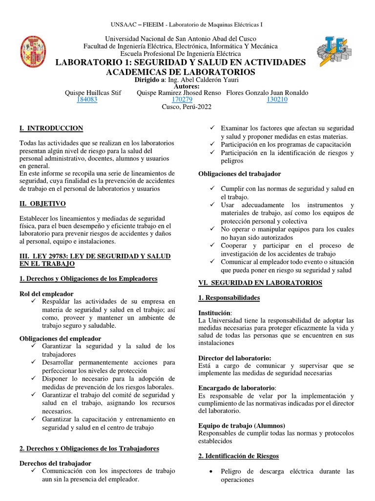 LAB 1 - Seguridad en Laboratorios | PDF | Laboratorios | Ingenieria ...