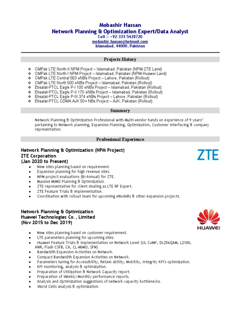 Resume - Network Planning & Optimization - 2022 | PDF | Lte ...