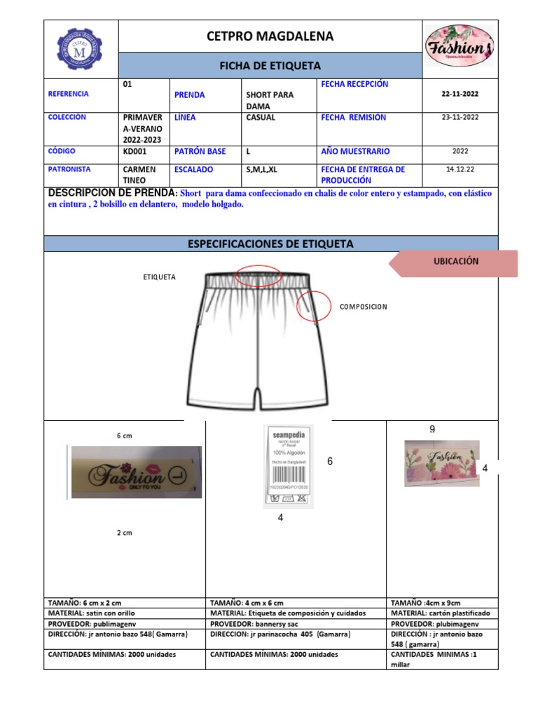 Ficha Técnica: Short Dama Primavera-Verano | PDF