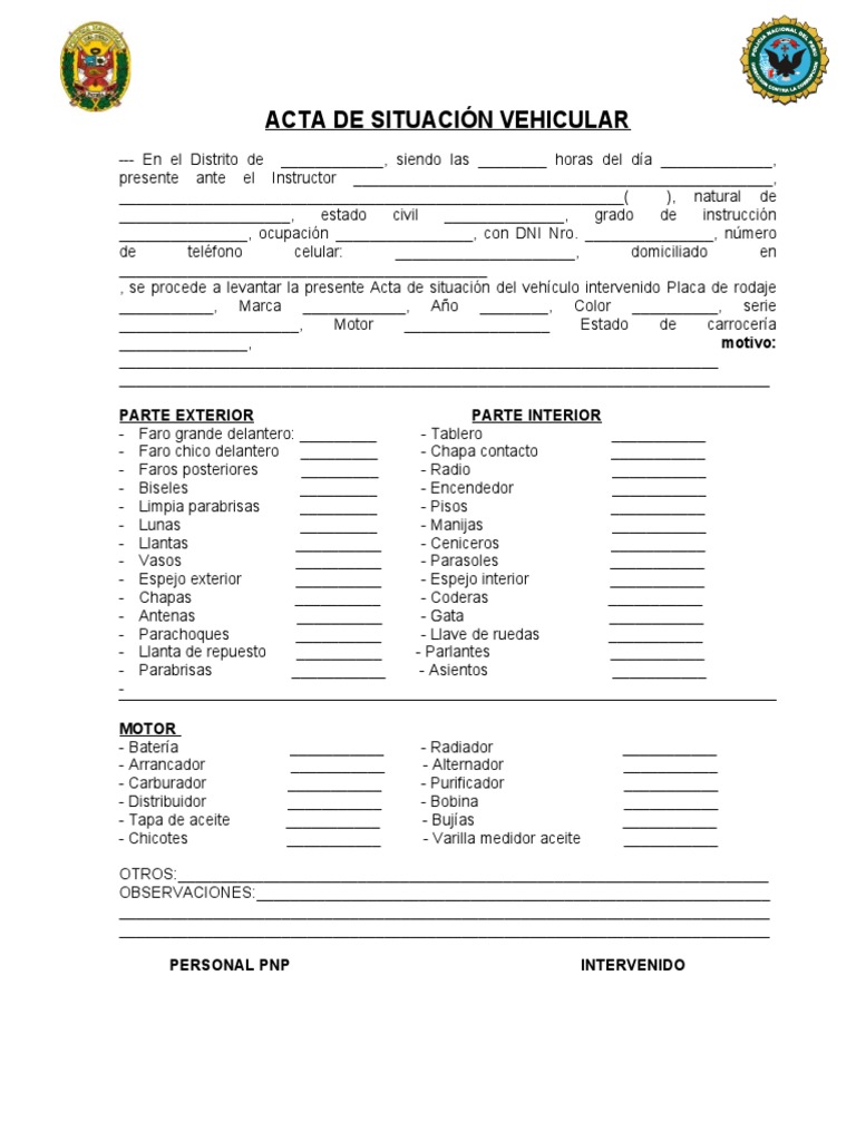 Acta de Situación Vehicular 2022 | PDF | Vehículo de motor | Vehículos ...