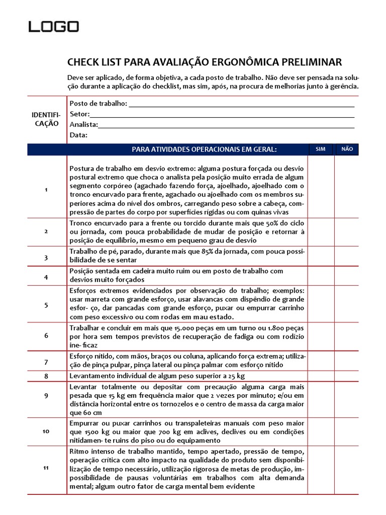 Check List para Avaliação Ergonômica Preliminar - AEP | PDF