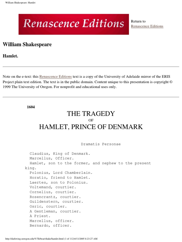 The Tragedy Hamlet, Prince of Denmark: William Shakespeare | PDF