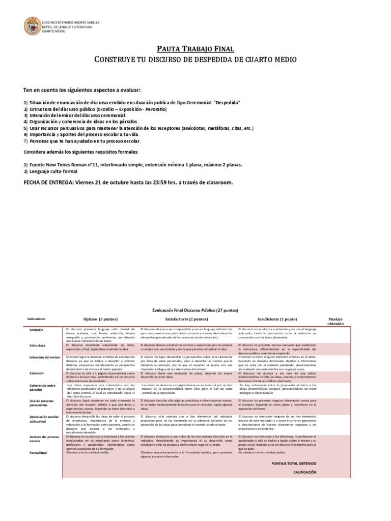 Discurso Ceremonial de Despedida | PDF | Hablar en público | Puntuación