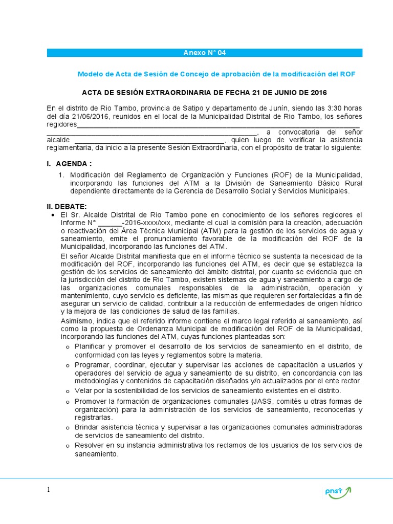 Anexo 4 Modelo Acta de Sesion Concejo Modificación Del Rof Rio Tambo | PDF | Gobierno local ...