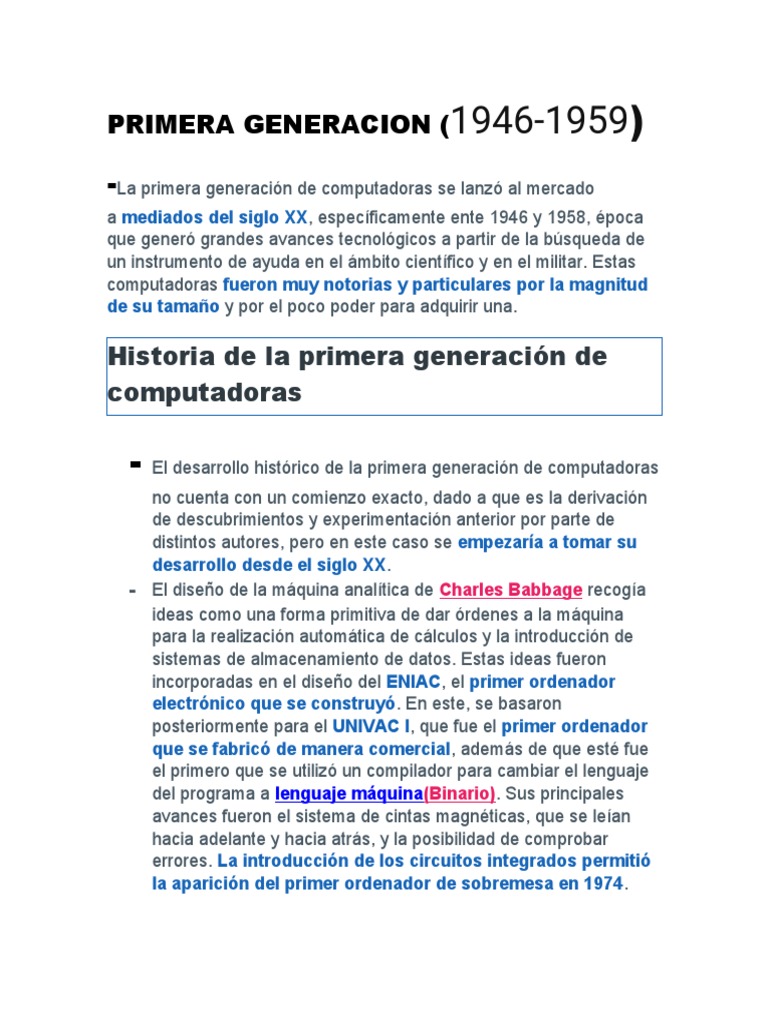 Primera Generacion | PDF | Almacenamiento de datos de la computadora ...
