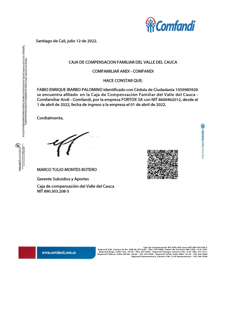 Certificado de Afiliación Comfandi | PDF