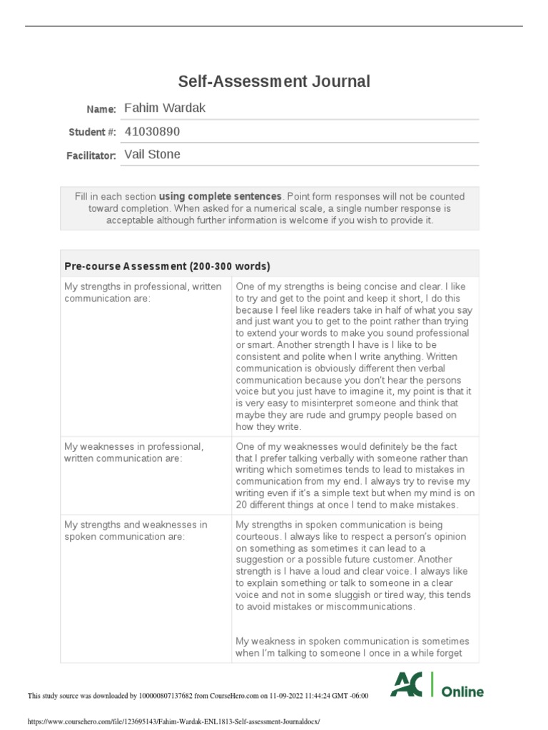 ENL1813 Self-Assessment Journal | PDF | Communication | Cognition