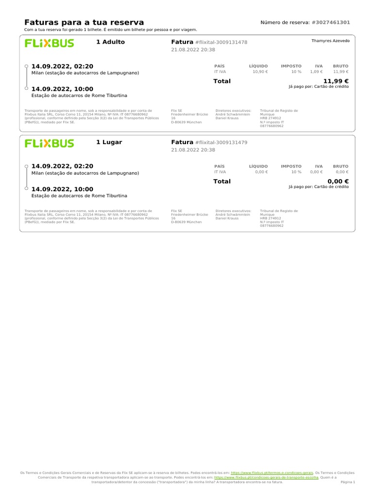 Fatura bus-MILÃO-ROMA | PDF | Transporte público | Serviços públicos