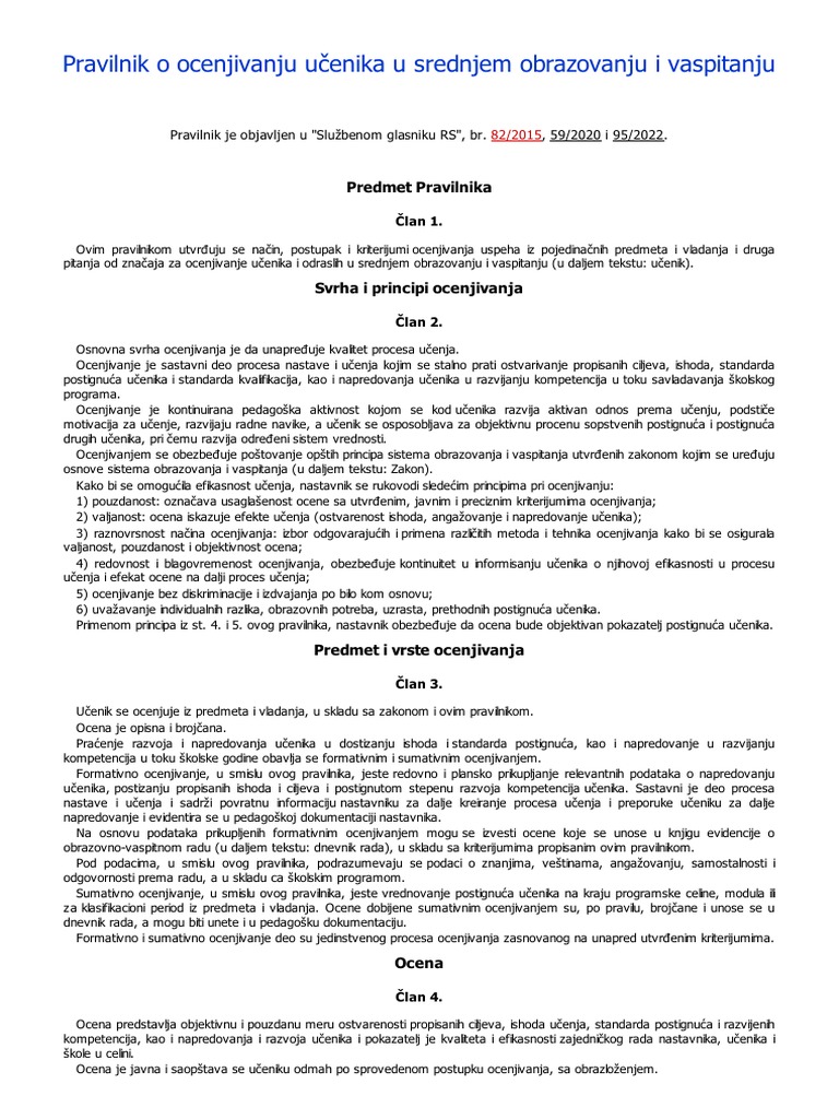 Pravilnik o Ocenjivanju Ucenika U Srednjem | PDF