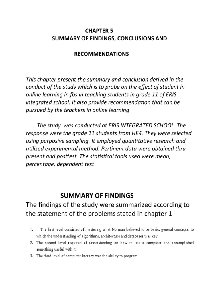 Chapter 5 Summary of Findings J Conclusion and Recommendations | PDF ...