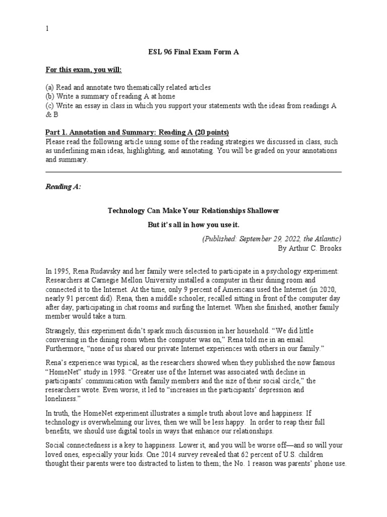 ESL 96 Final Exam: Social Media Impact | PDF | Internet | Text Messaging