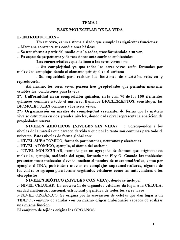 Tema 1 Base Molecular de La Vida | PDF | Glucosa | Estructura proteica